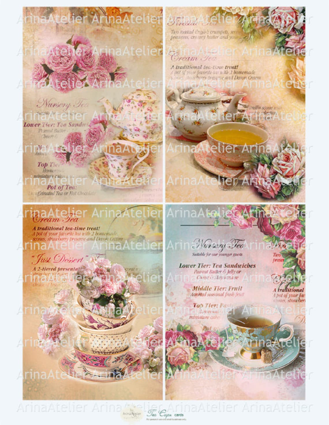 Tea Cups Cards - ATC Cards - Collage Sheet Download - Digital Tags ...