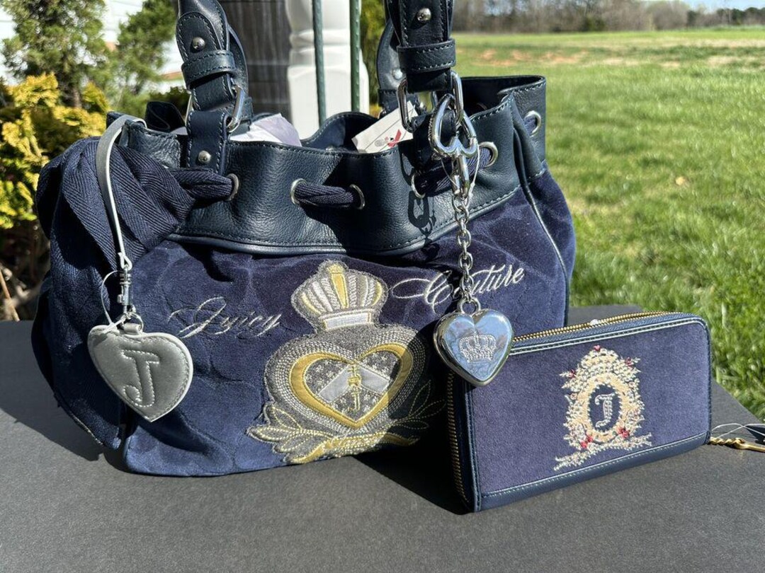 Juicy Couture Daydreamer Bag Navy Blue Velor Crown Heart Bow Charm and Wallet Set - Etsy