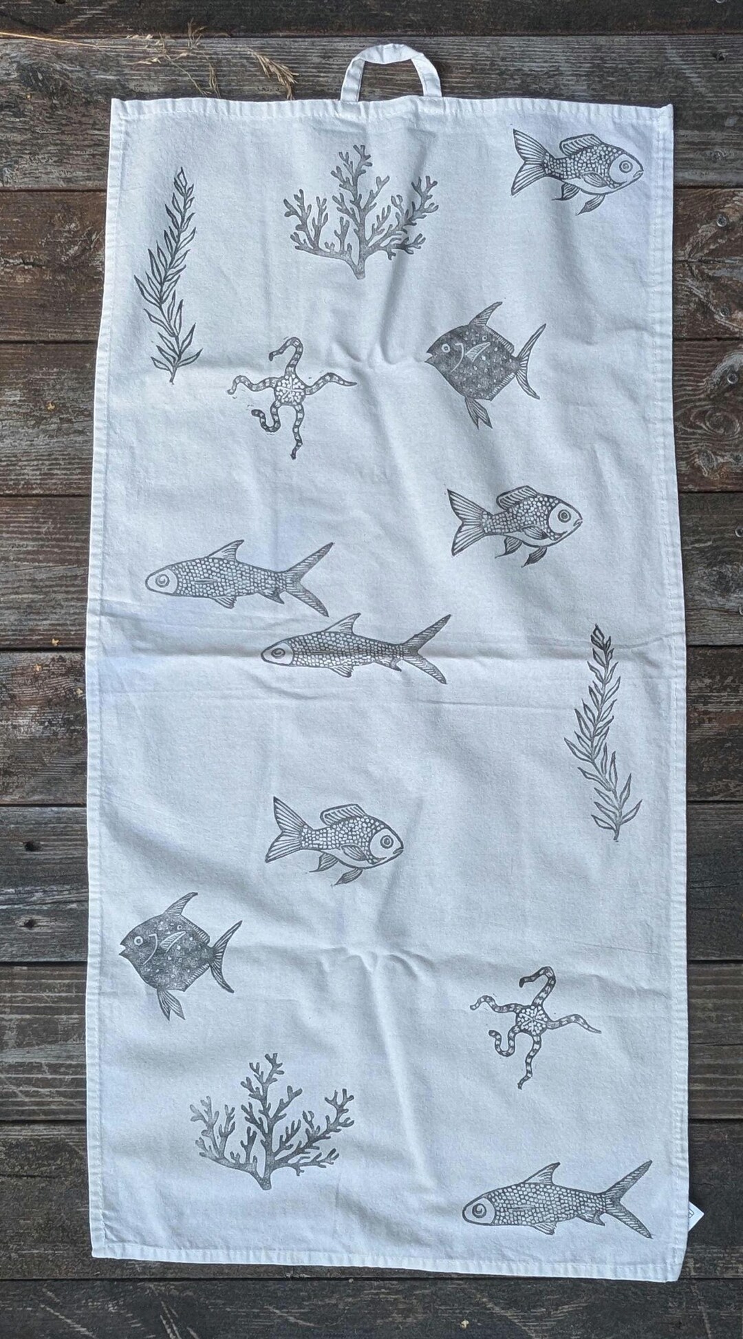 Hand Printed Marine Life Tea Towel: Linocut Cotton Kitchen Decor - Etsy