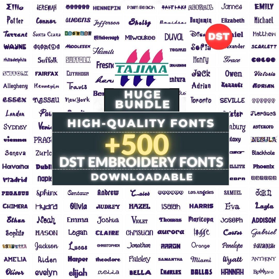 Tajima Embroidery Fonts Bundle 500 DST Font Machine Embroidery Tajima ...