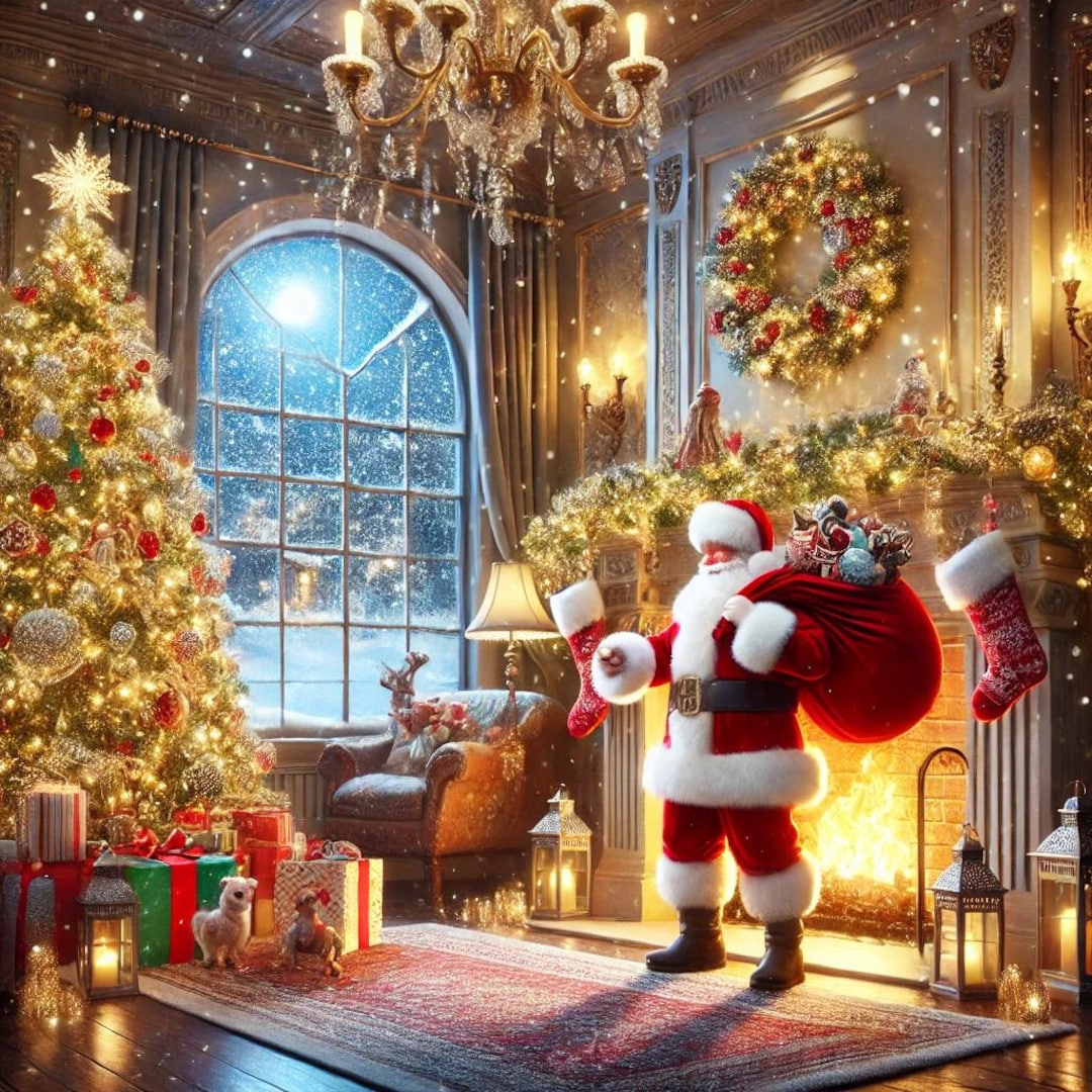 Magical Christmas Scene PNG Santa Claus With Reindeer in Snowy Holiday ...