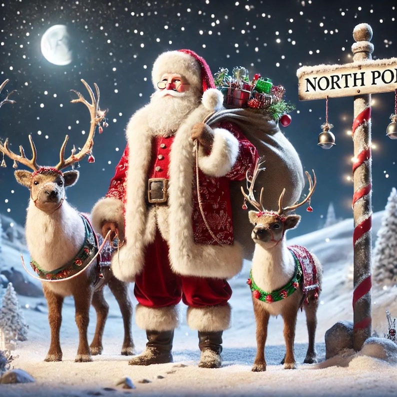 Santa Claus at the North Pole With Reindeer Realistic PNG Image for ...