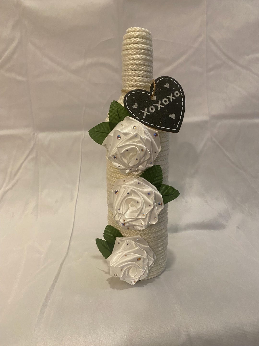Wine Bottle Wrapped in Ivory Rope and Decorated With White Bedazzled ...