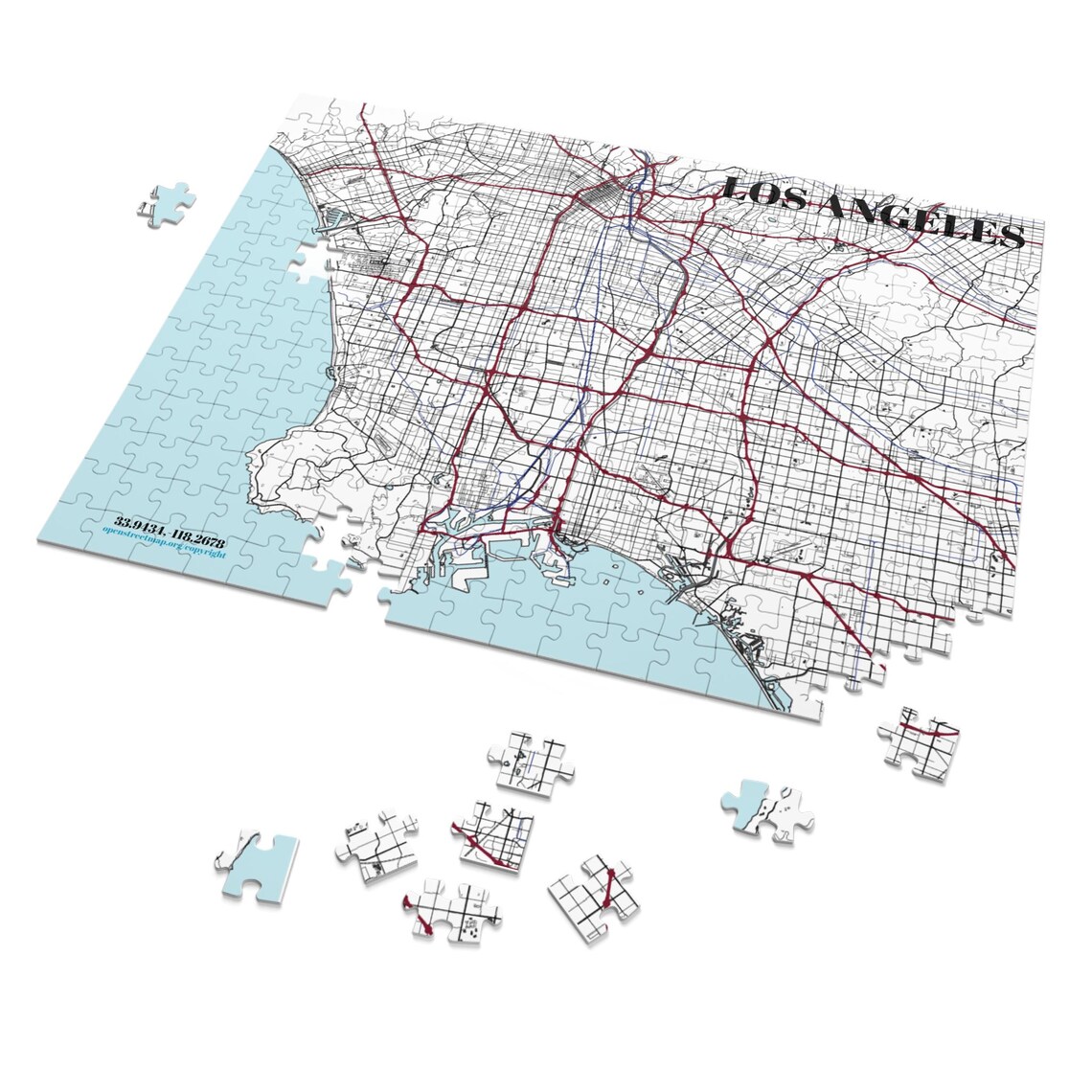 City of Los Angeles Map Jigsaw Puzzle, Train and Freeway Lines, 30-1000 ...