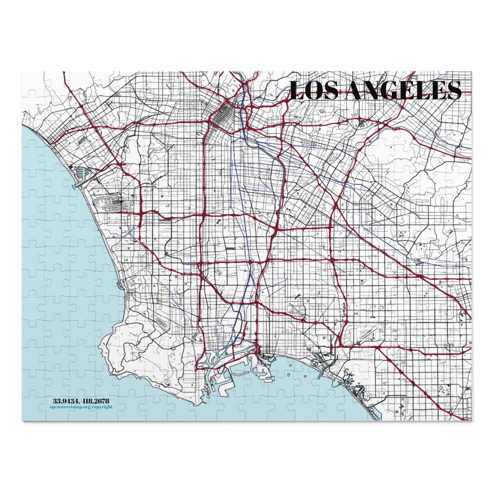 City of Los Angeles Map Jigsaw Puzzle, Train and Freeway Lines, 30-1000 ...