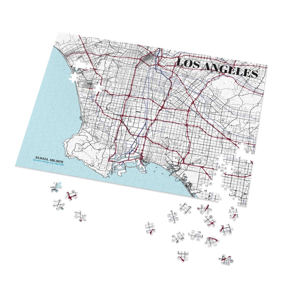 City of Los Angeles Map Jigsaw Puzzle, Train and Freeway Lines, 30-1000 ...