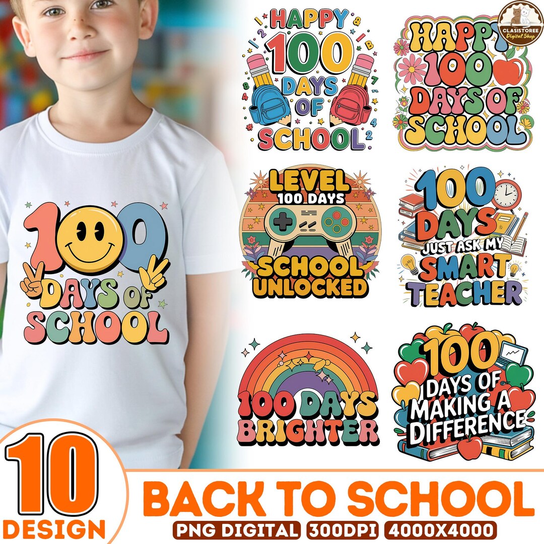 10 Happy 100 Days of School Clipart, Back to School Png Bundle, Retro ...
