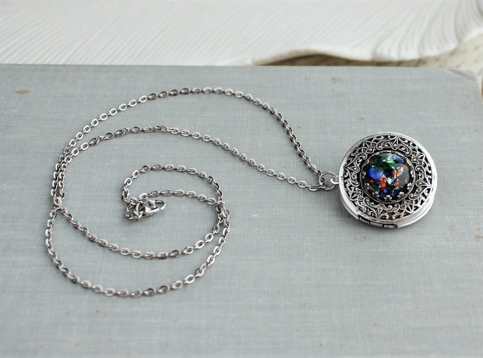 Black Multi Color Opal Locket Necklace - Etsy