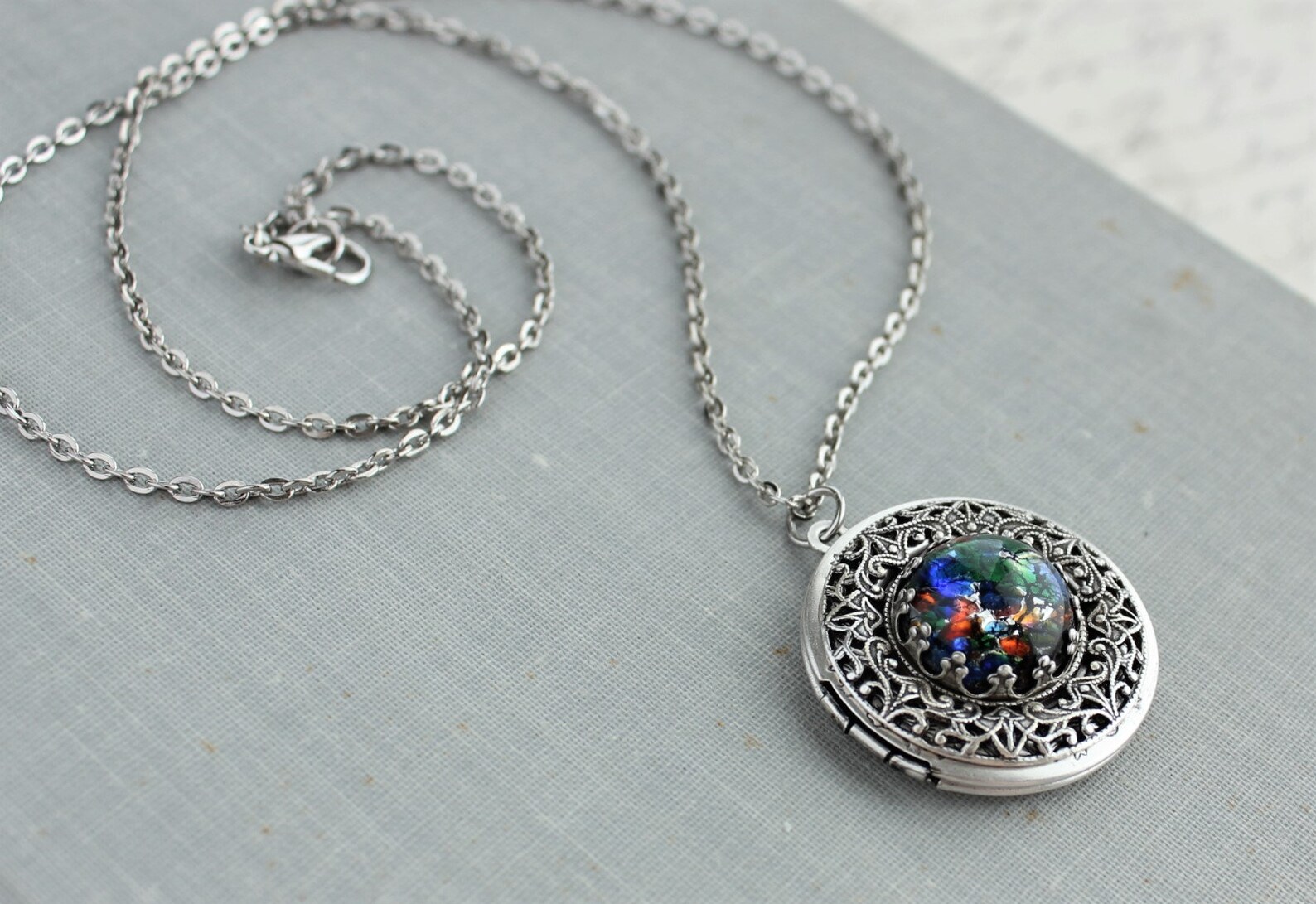 Black Multi Color Opal Locket Necklace - Etsy