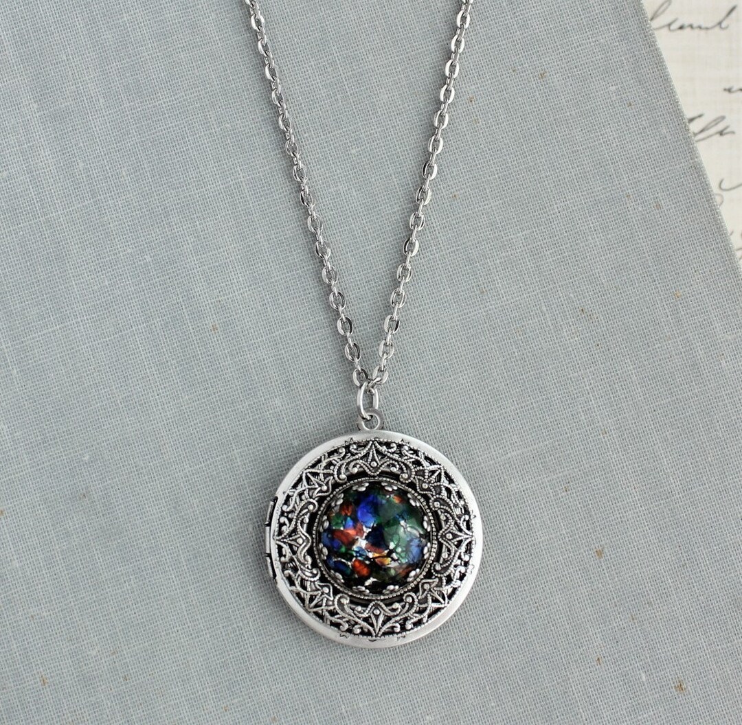 Black Multi Color Opal Locket Necklace - Etsy