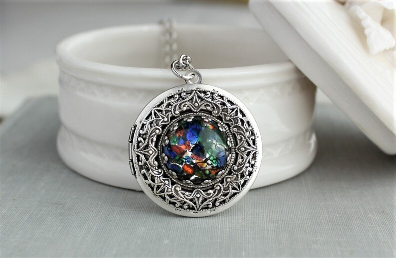 Black Multi Color Opal Locket Necklace - Etsy