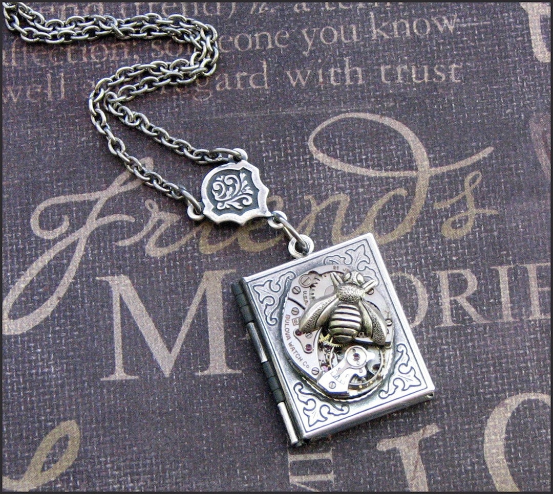 Silver Book Locket Necklace- Enchanted Queen Bee - Jewelry by ...