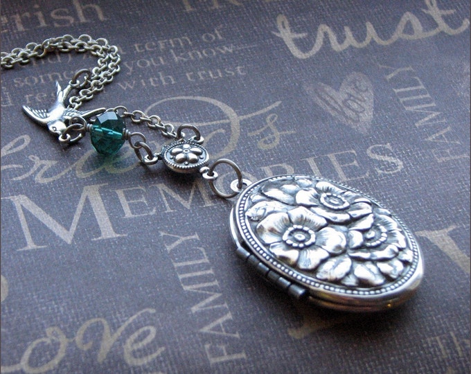 Silver Rose Locket Garden Necklace Emerald Crystal Oval - Etsy