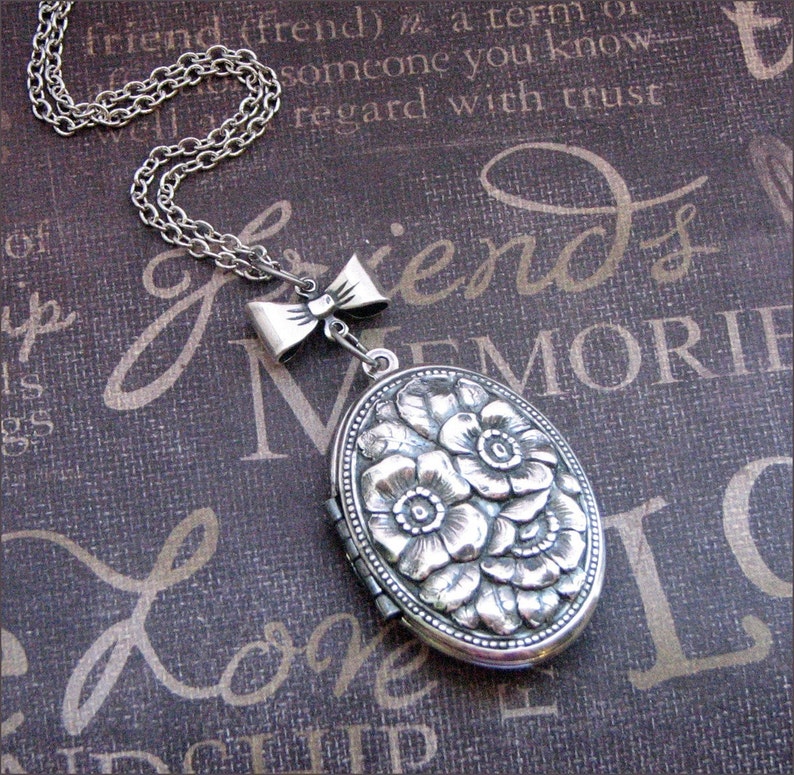 Long Locket Necklace Rose Jewelry Silver Photo Locket | Etsy