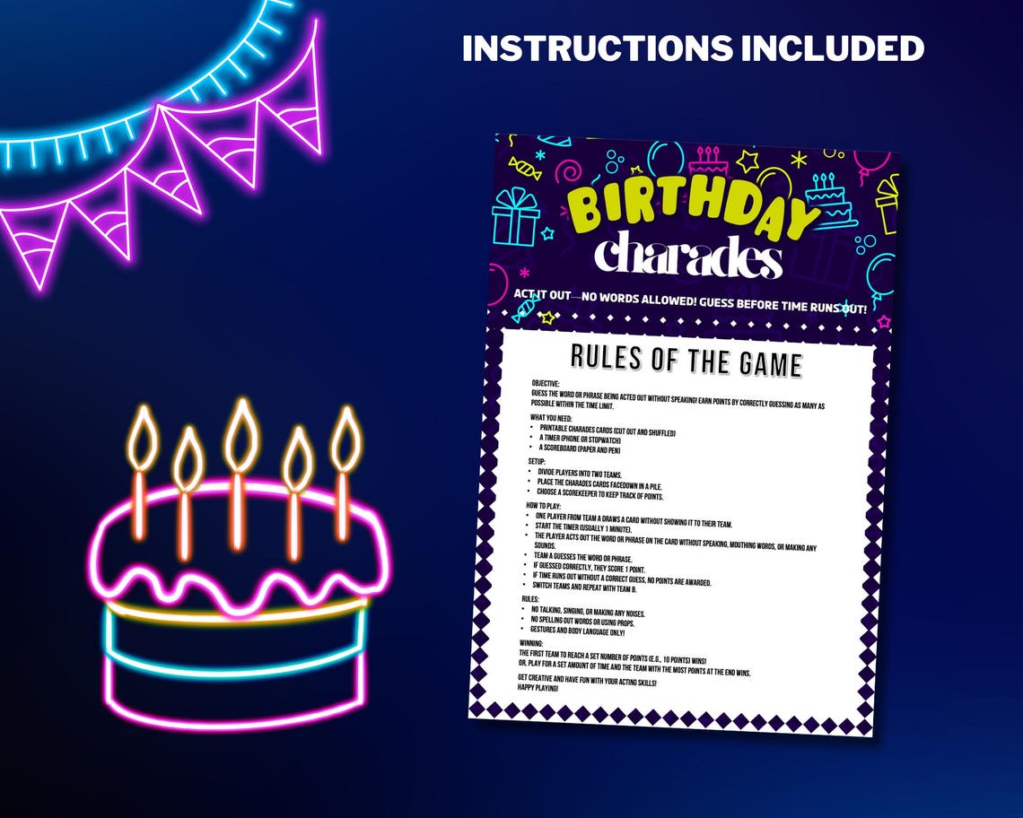 Birthday Charades Game Printable | Charades Party Game | Birthday Theme ...