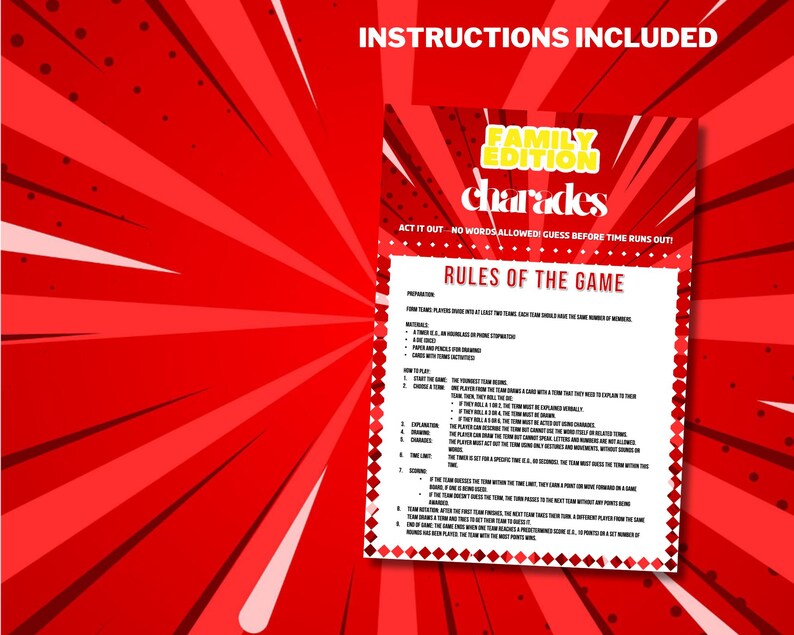 Family Edition Charades Game Printable | Charades Party Game | Family ...