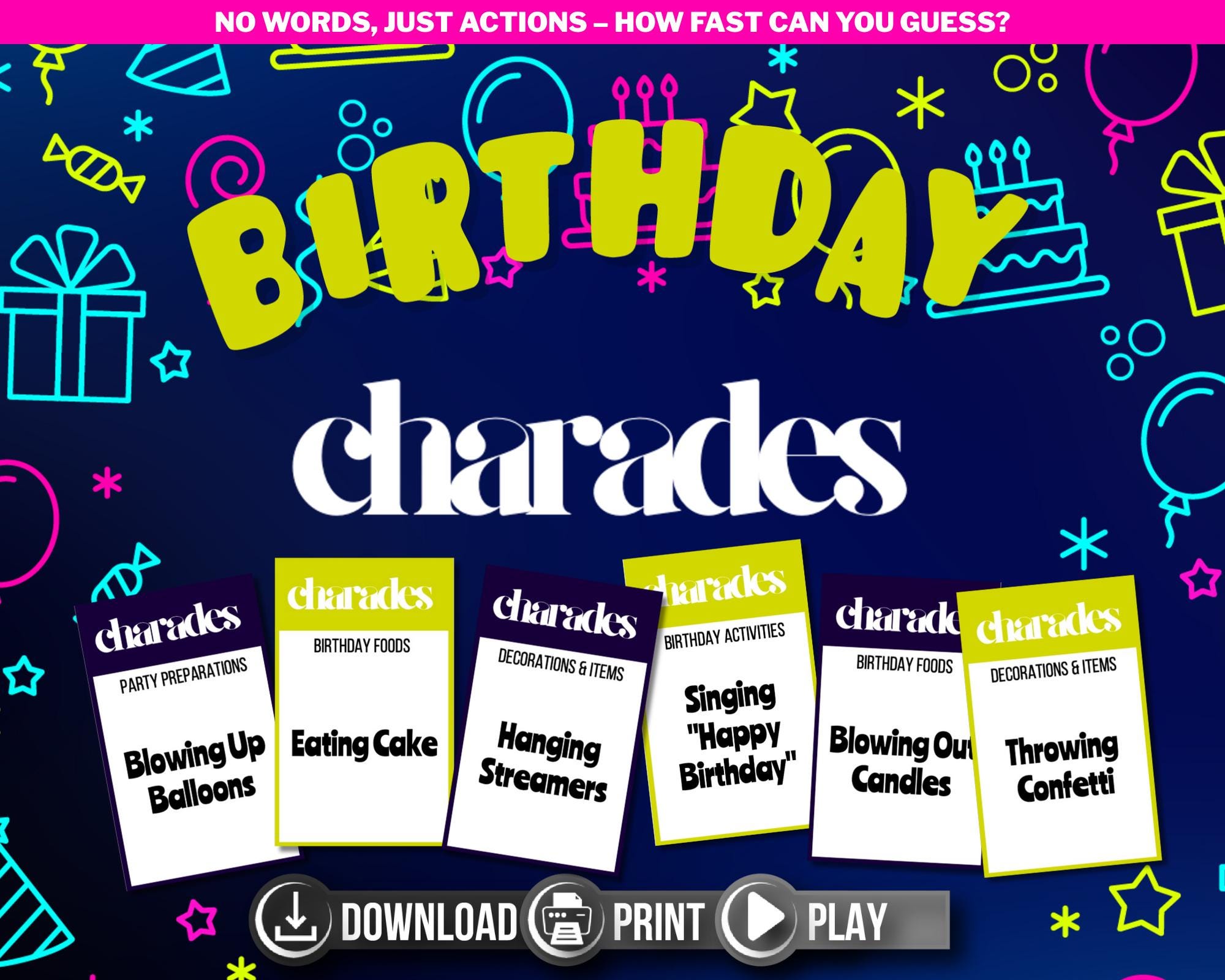Birthday Charades Game Printable | Charades Party Game | Birthday Theme ...