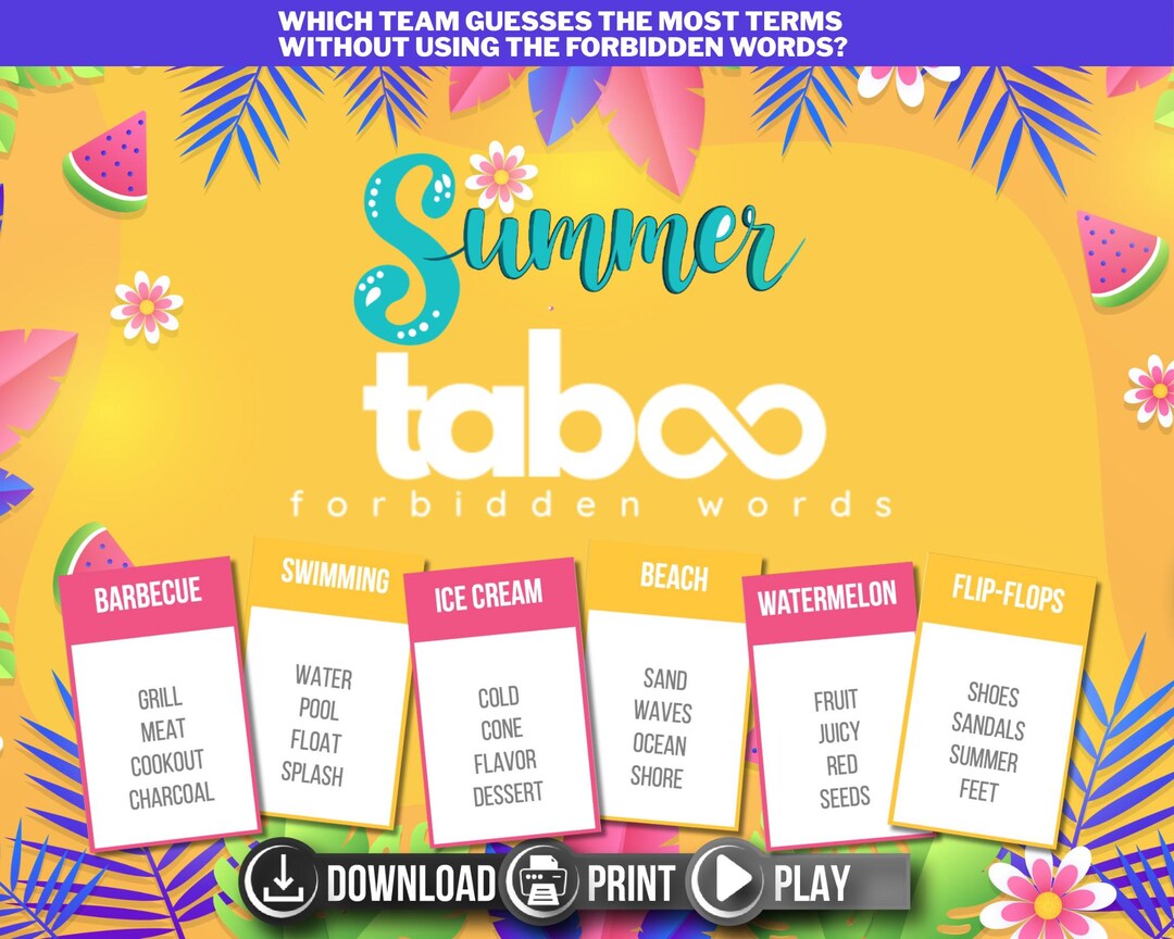 Summertime Taboo Game Printable | Taboo Party Game | Summer Theme Cards ...