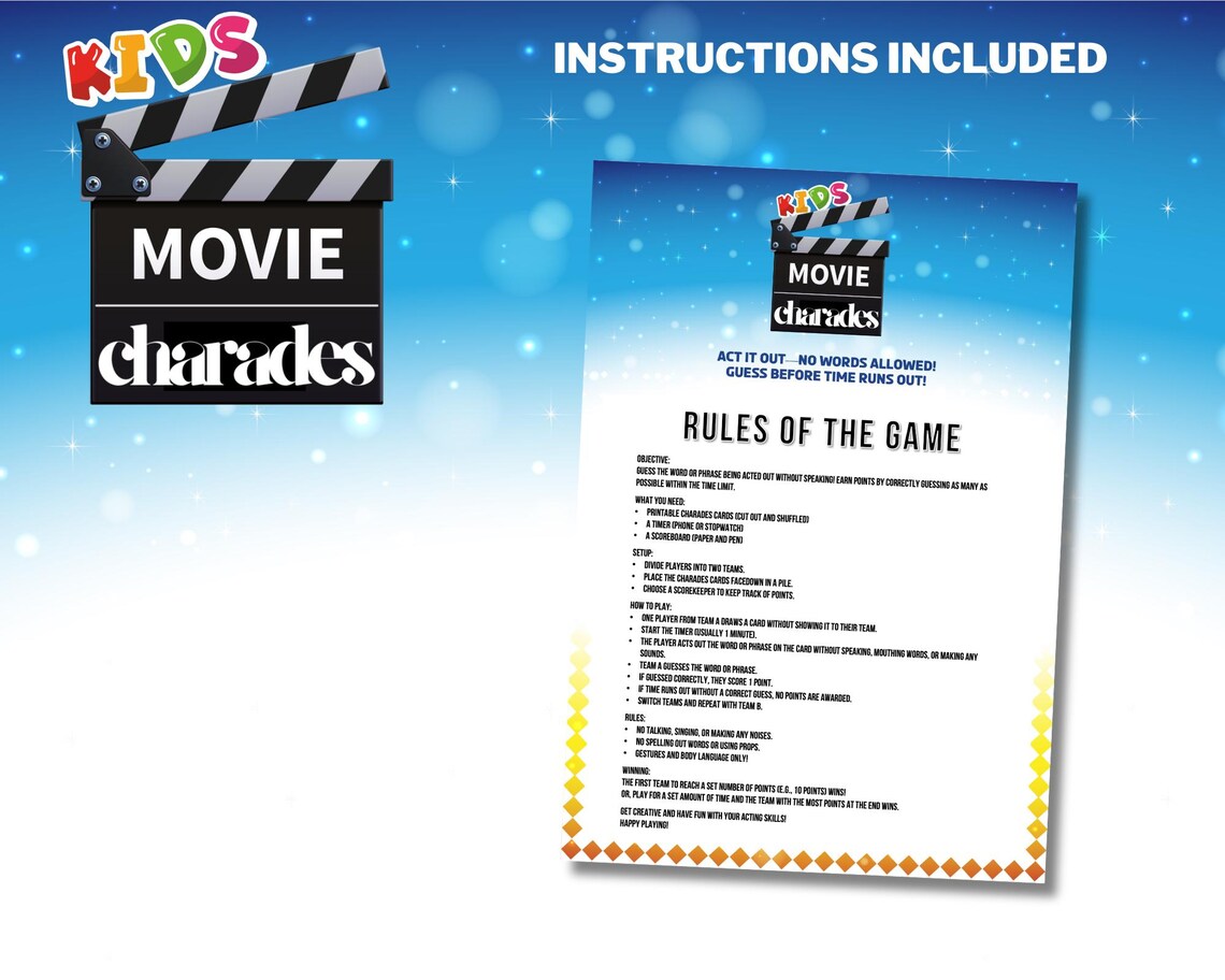 Kids Movies Charades Game Printable | Charades Party Game | Kids Movies ...