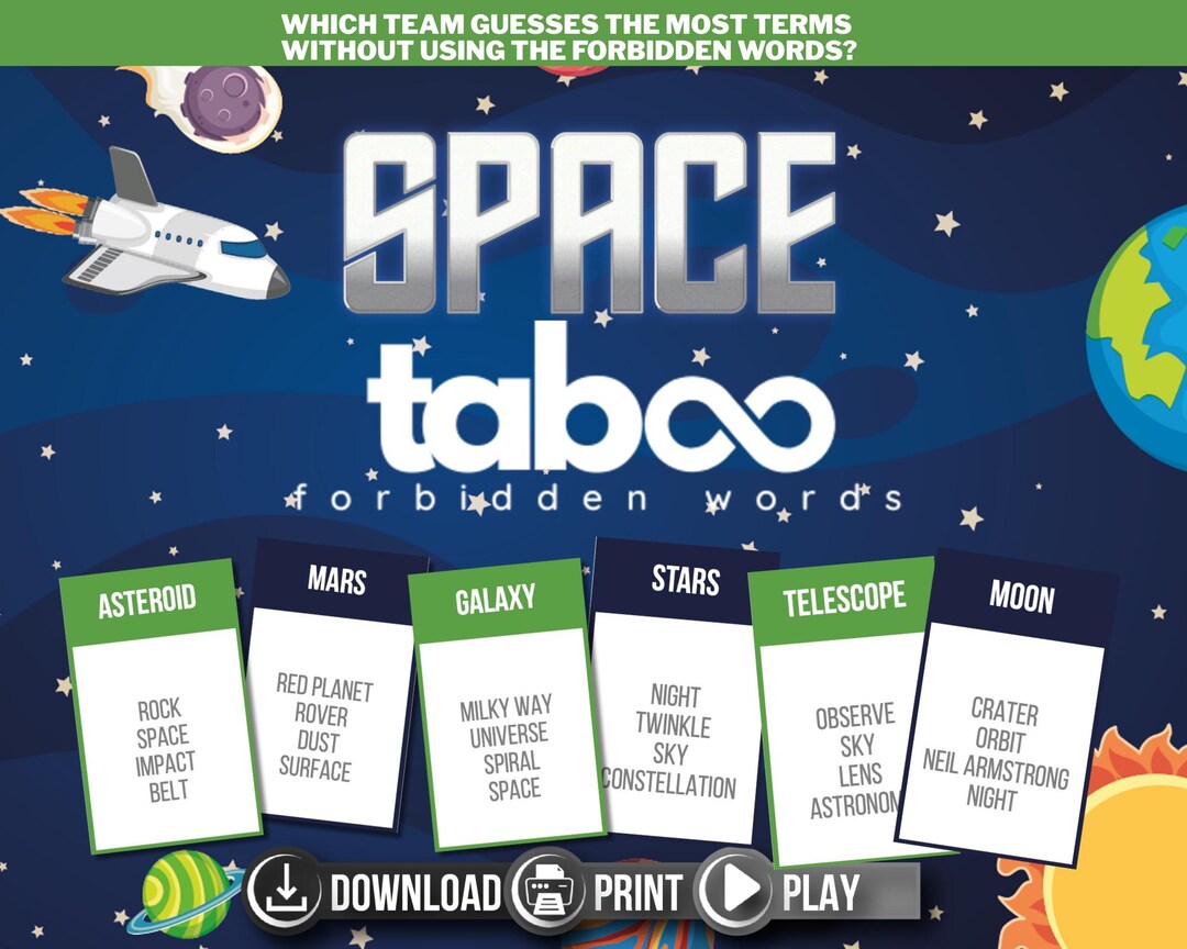 Space Taboo Game Printable | Taboo Party Game | Space Theme Cards ...