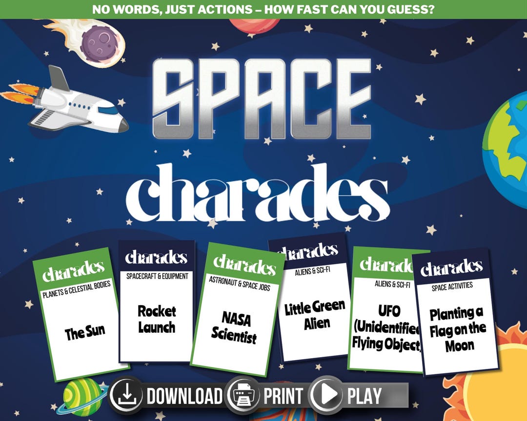 Space Charades Game Printable | Charades Party Game | Space Theme Cards ...