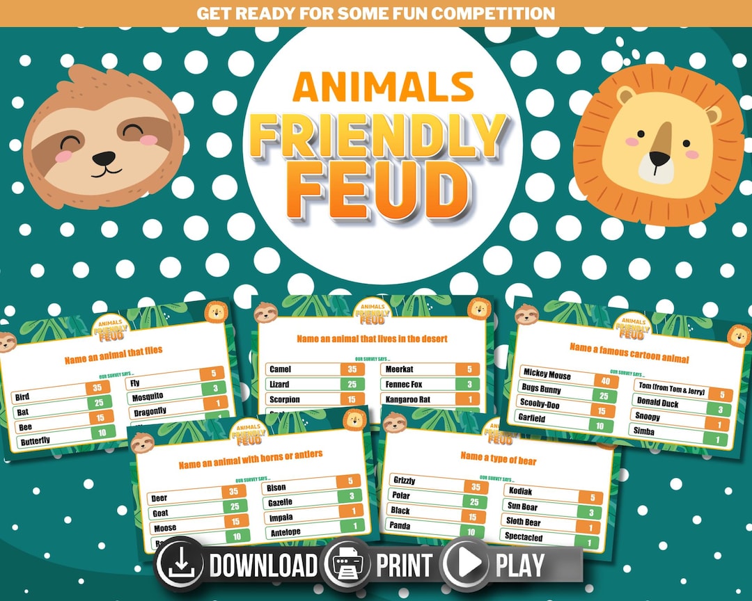 Friendly Feud - Animals | Printable Feud Style Game | Party Game Cards ...