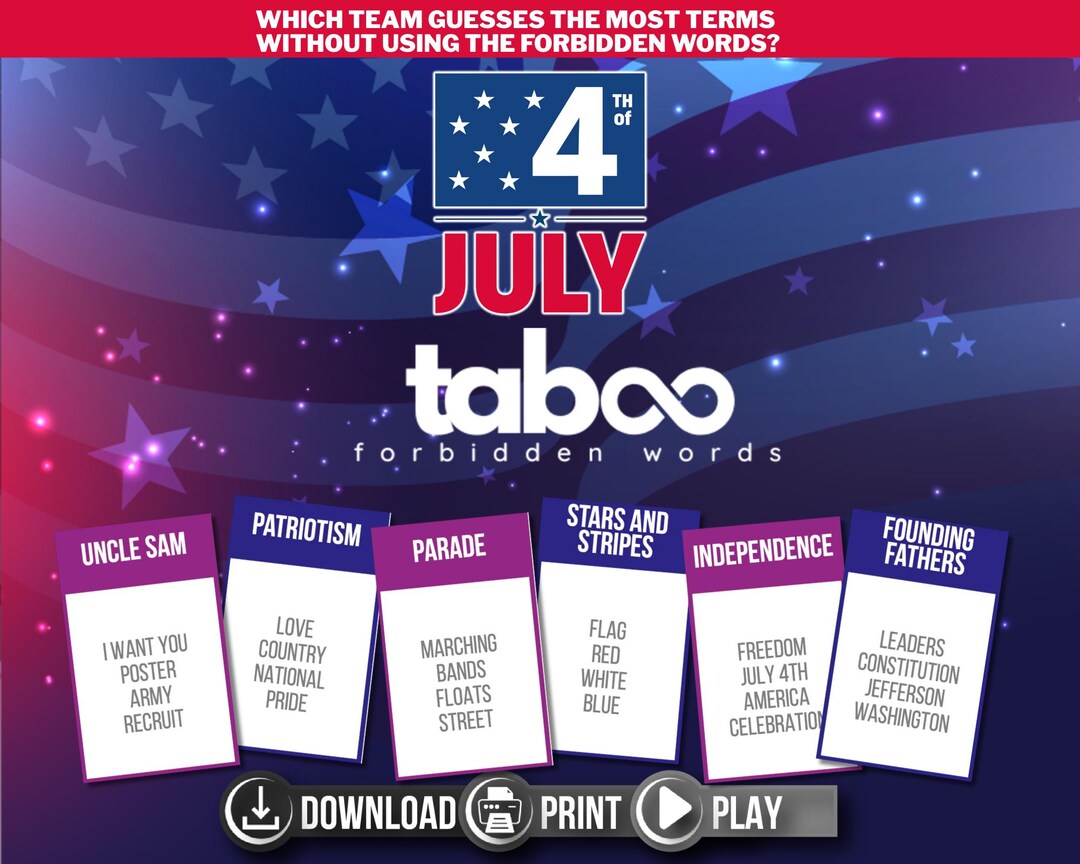 4th of July Taboo Game Printable | Taboo Party Game | 4th of July Theme ...