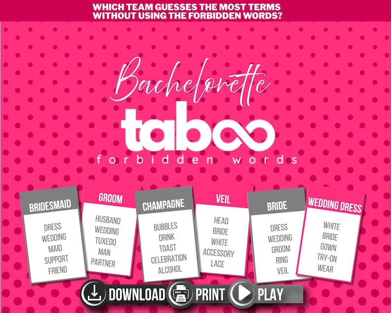 Bachelorette Taboo Game Printable | Taboo Party Game | Bachelorette ...