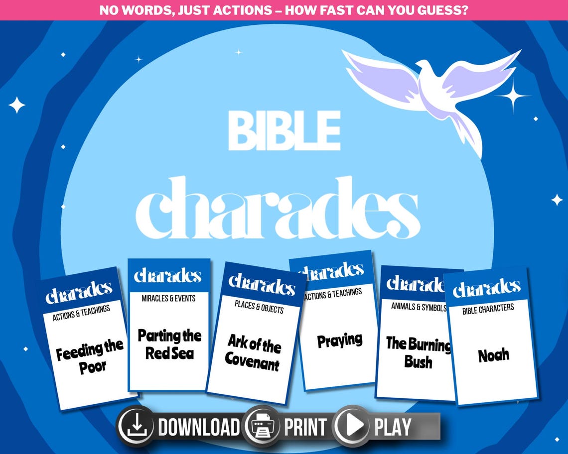 Bible Charades Game Printable | Charades Party Game | Bible Theme Cards ...