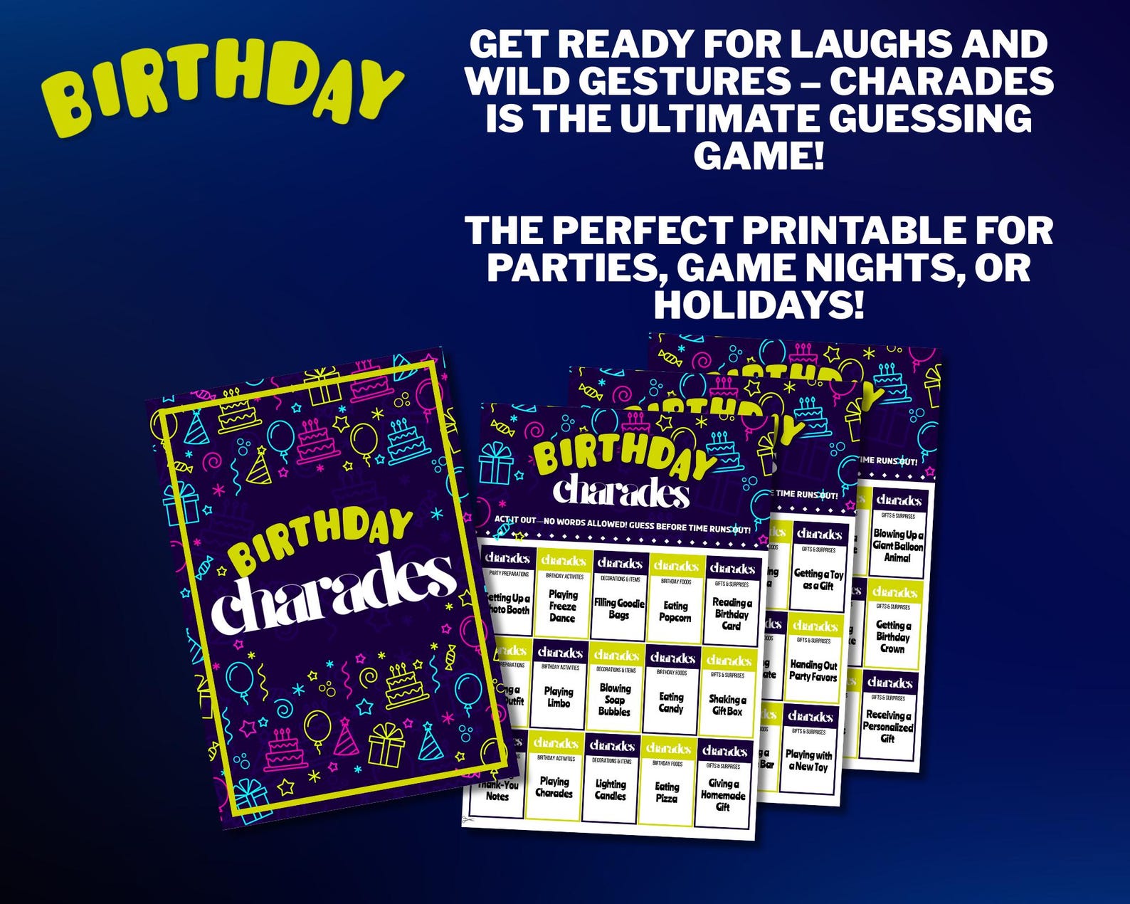 Birthday Charades Game Printable | Charades Party Game | Birthday Theme ...