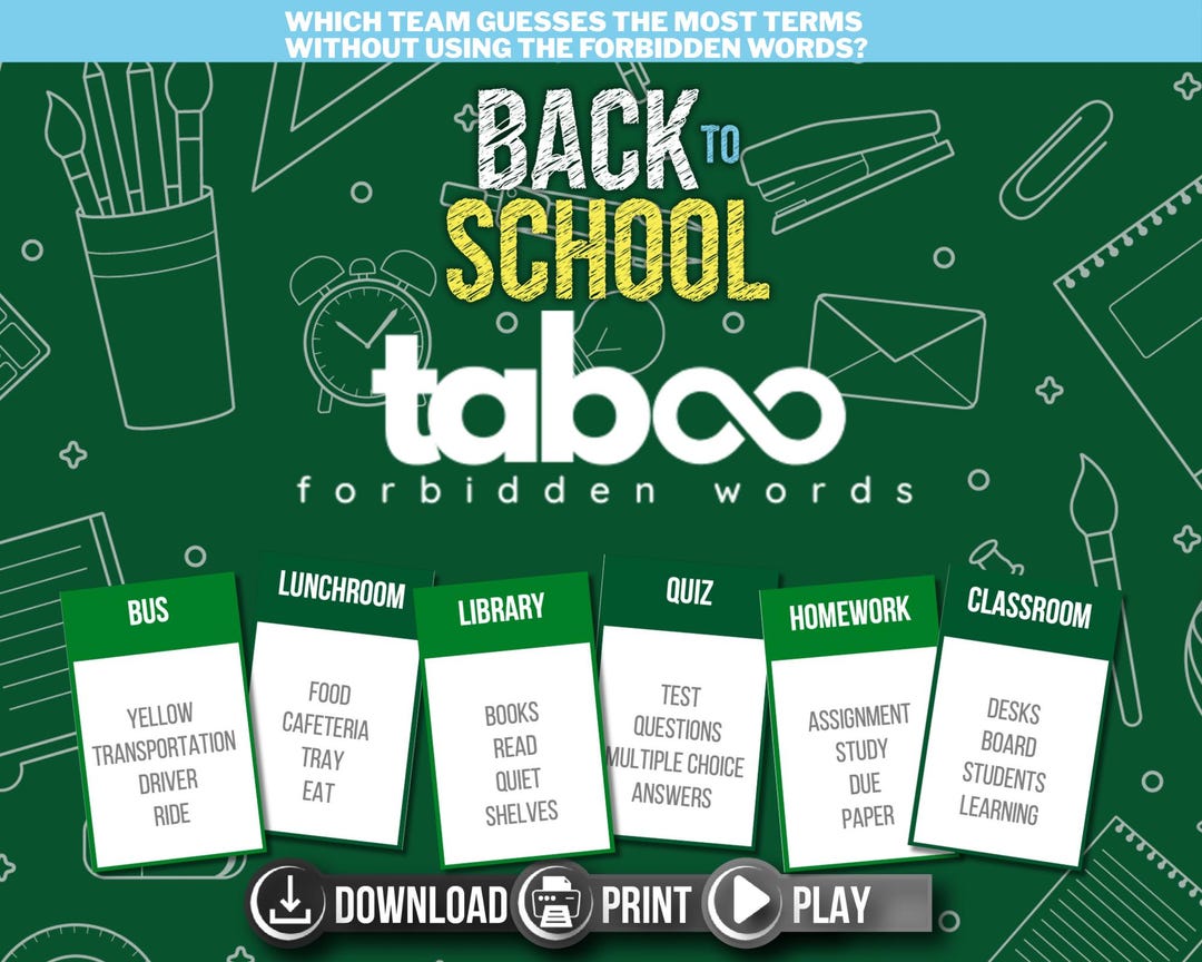 School Edition Taboo Game Printable | Taboo Party Game | School Edition ...
