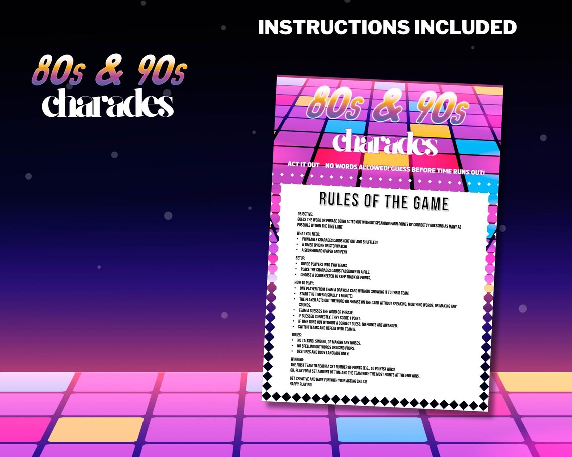 80s-90s Nostalgia Charades Game Printable | Charades Party Game | 80s ...