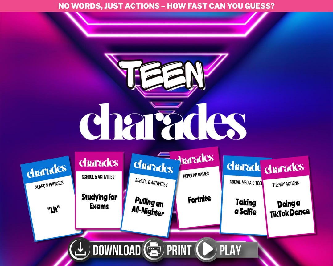 Teens (14-18) Charades Game Printable | Charades Party Game | Teens ...