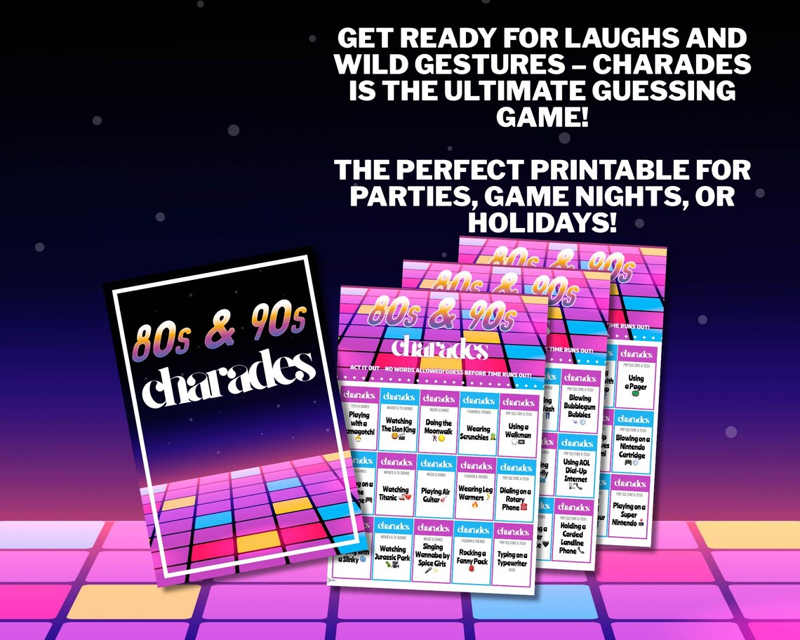 80s-90s Nostalgia Charades Game Printable | Charades Party Game | 80s ...