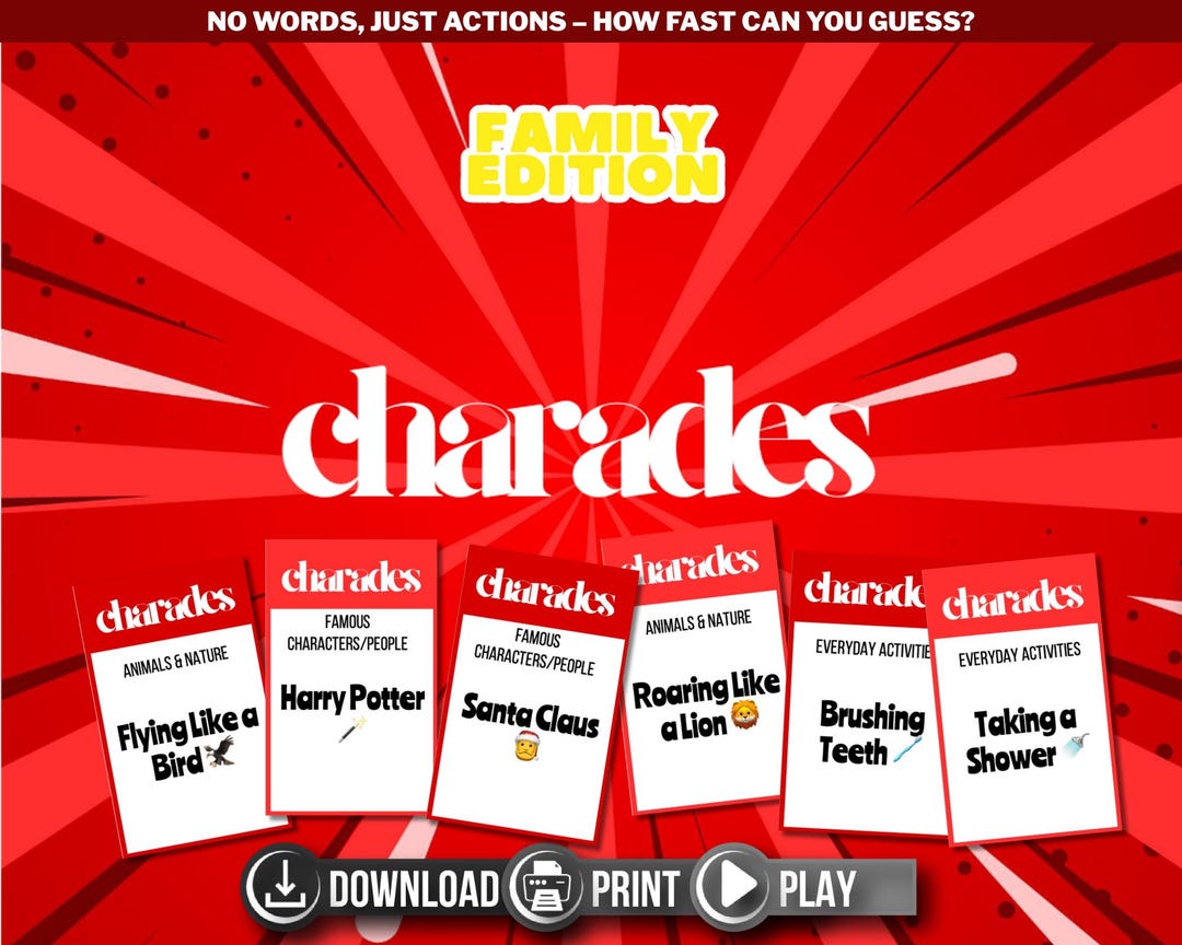 Family Edition Charades Game Printable | Charades Party Game | Family ...