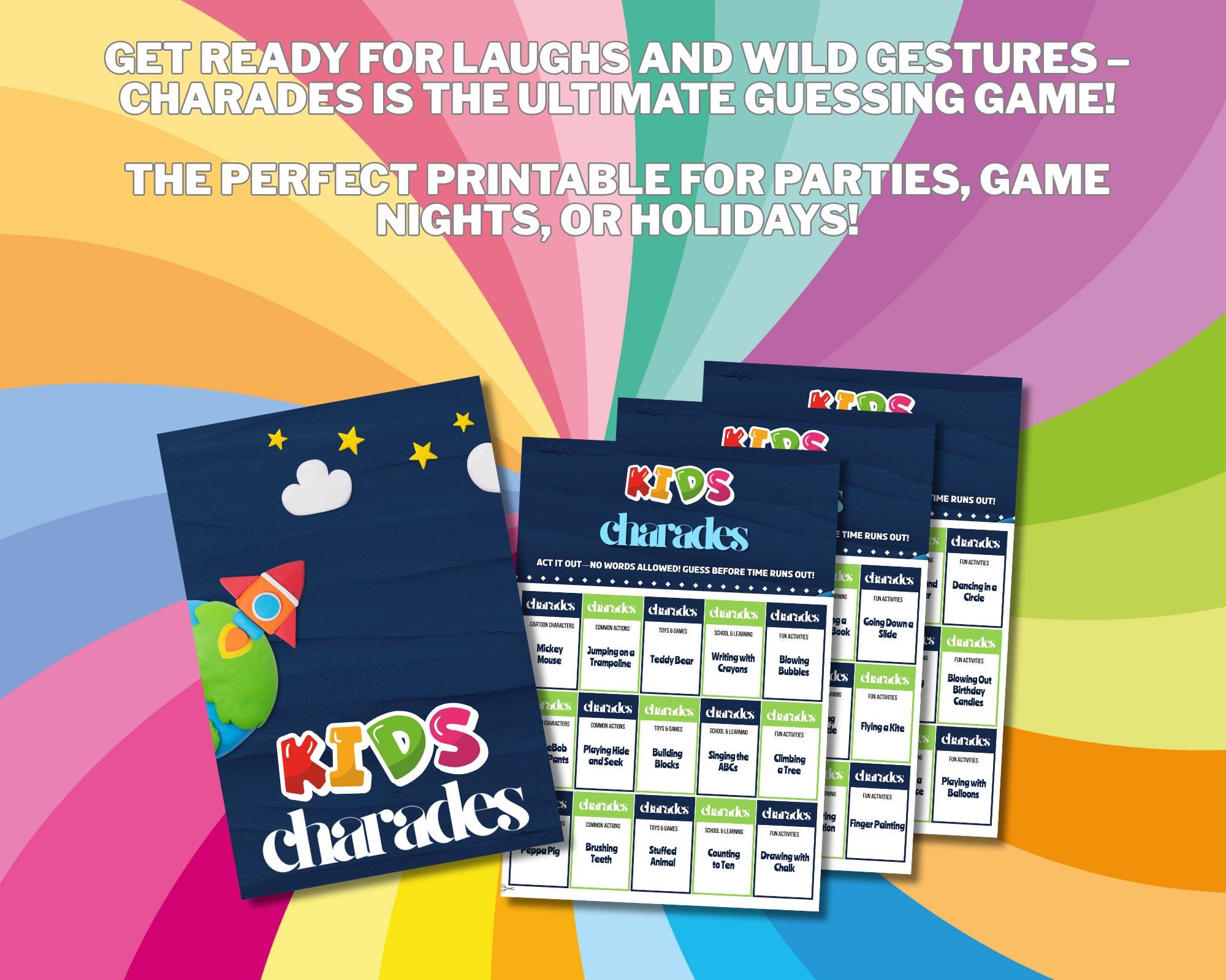 Kids Charades Game Printable | Charades Party Game | Kids Theme Cards ...