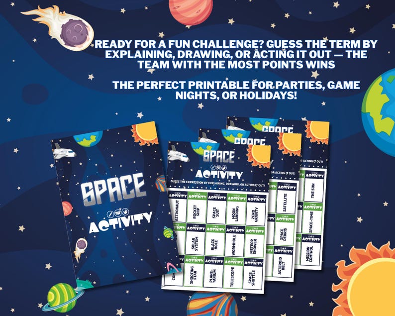 Space Activity Game Printable | Activity Party Game | Space Theme Cards ...