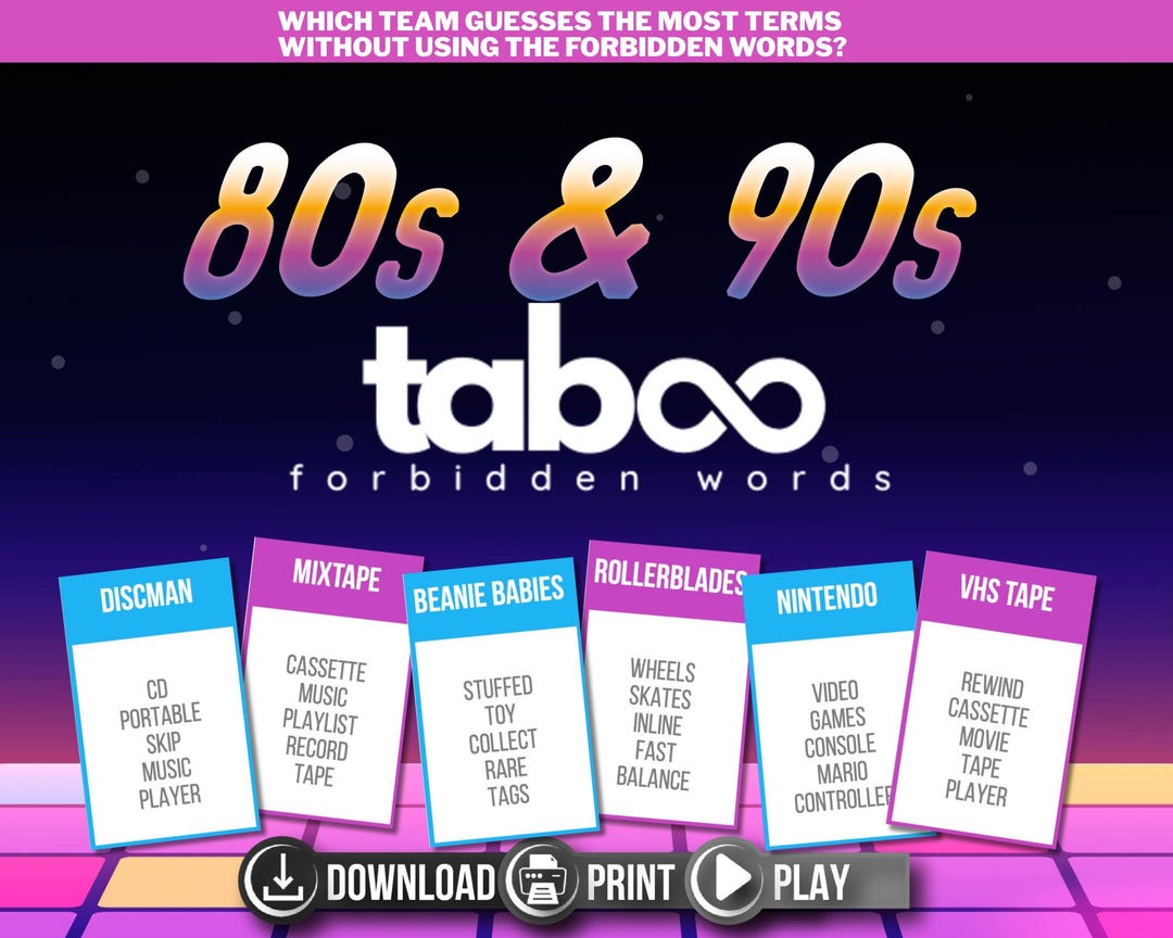 80s-90s Nostalgia Taboo Game Printable | Taboo Party Game | 80s-90s ...