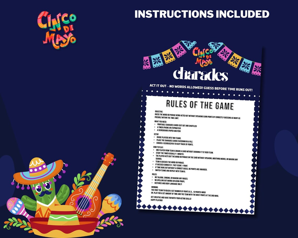 Cinco De Mayo Charades Game Printable | Charades Party Game | Cinco De ...
