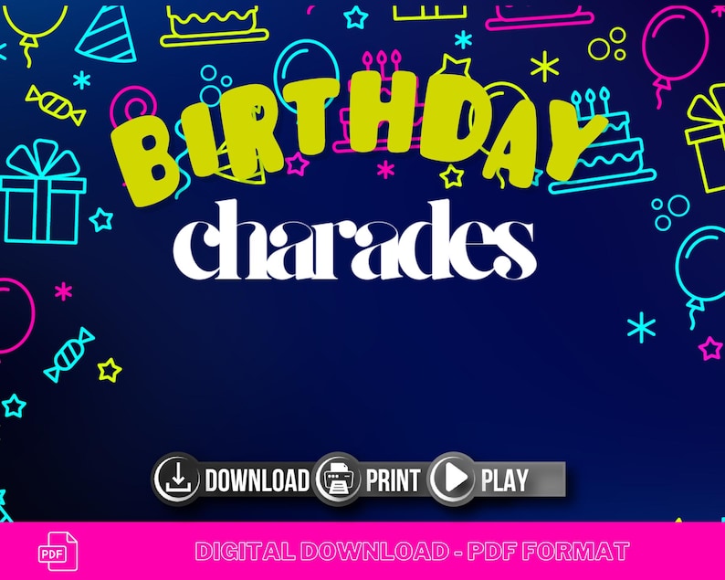 Birthday Charades Game Printable | Charades Party Game | Birthday Theme ...