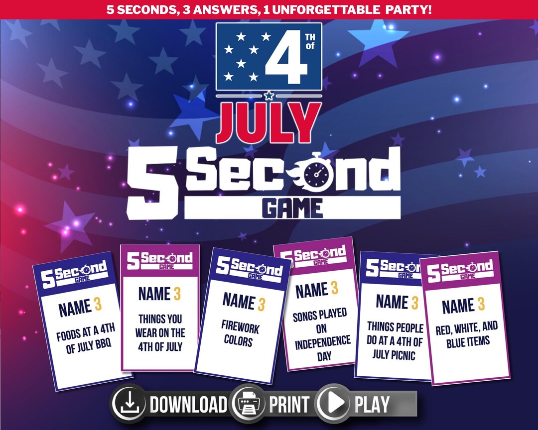 4th of July 5 Second Rule Game | Printable Cards | Fun Party Game ...