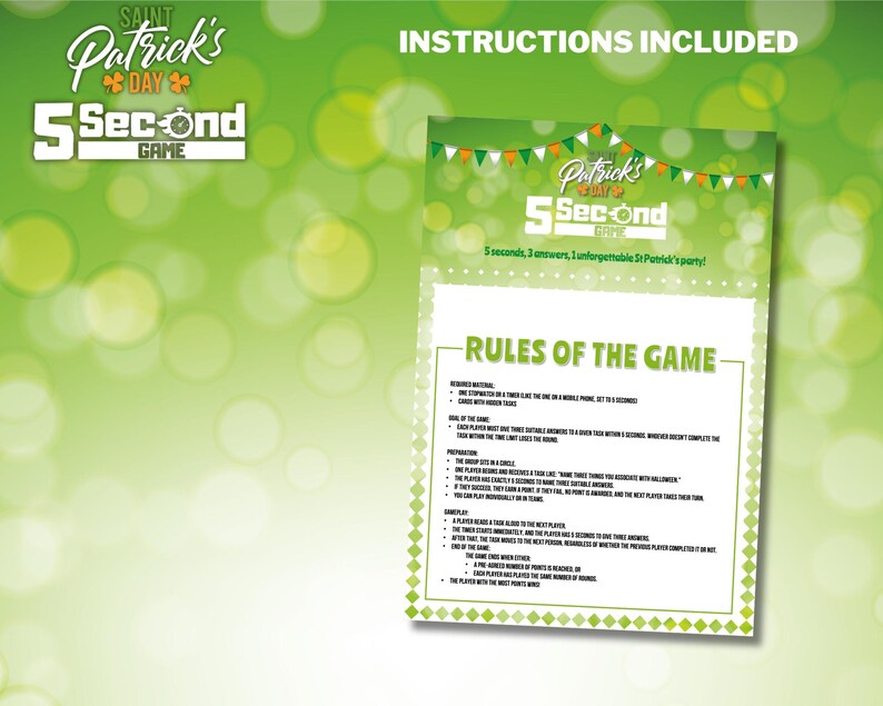 St. Patrick's 5 Second Rule Game | Printable Cards | Fun Party Game ...