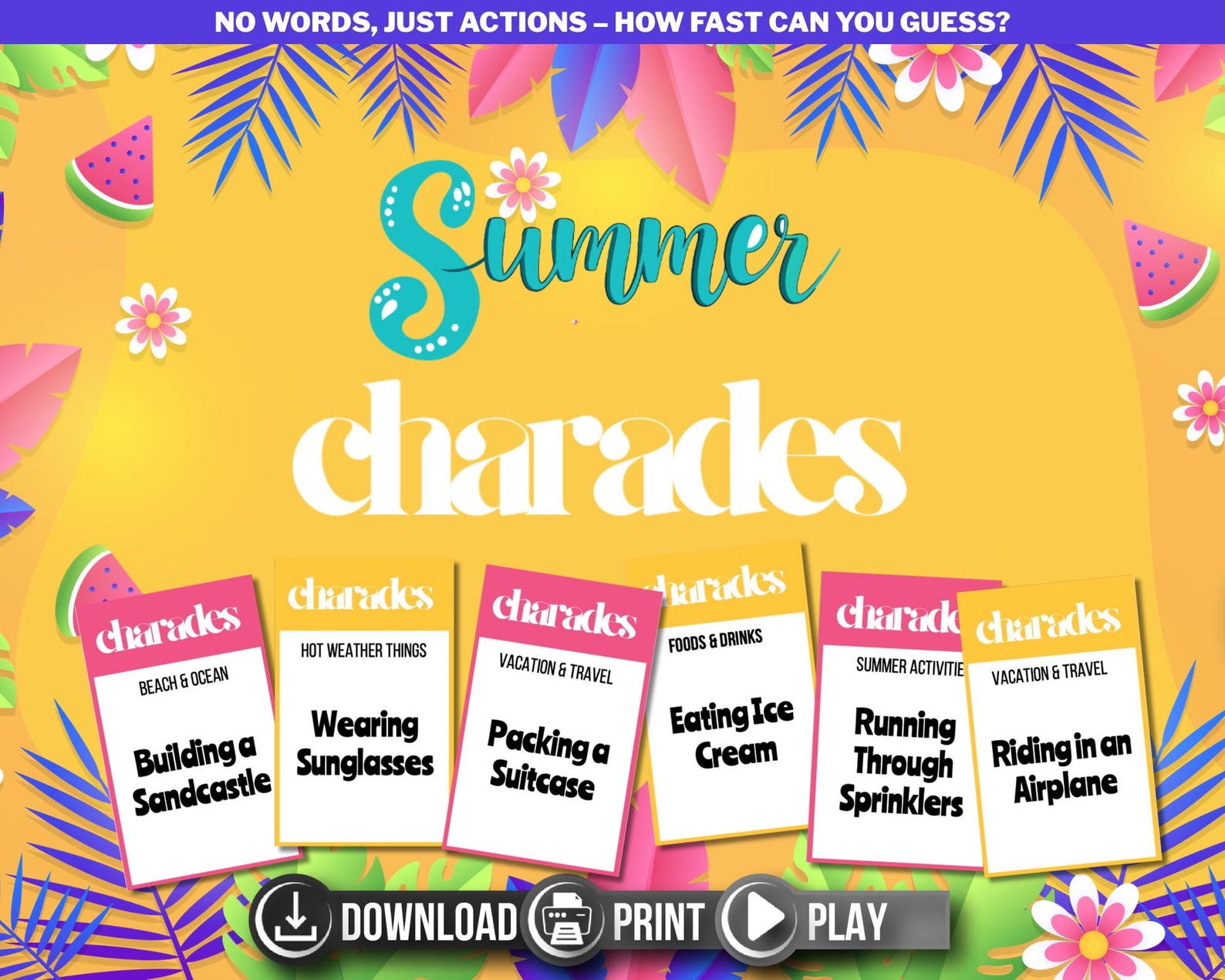 Summertime Charades Game Printable | Charades Party Game | Summer Theme ...