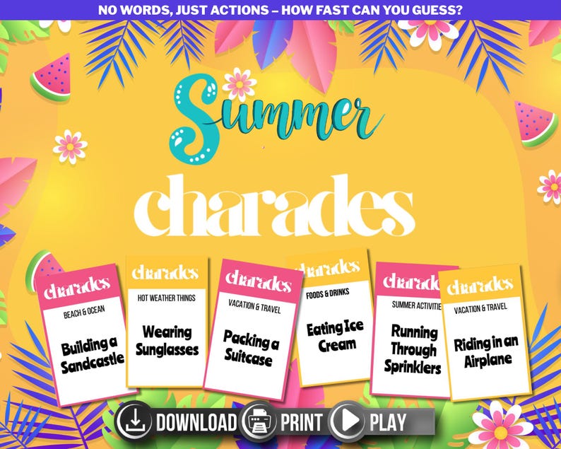 Summertime Charades Game Printable | Charades Party Game | Summer Theme ...