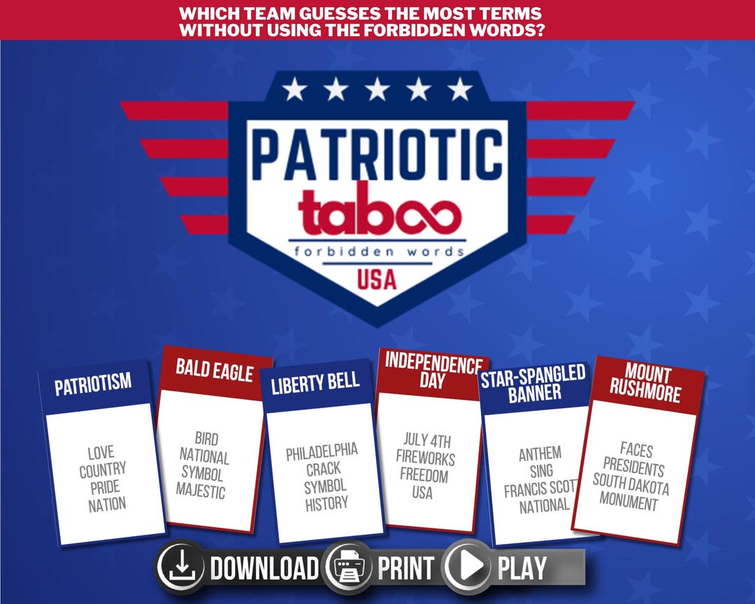 Patriotic (US) Taboo Game Printable | Taboo Party Game | Patriotic (US ...