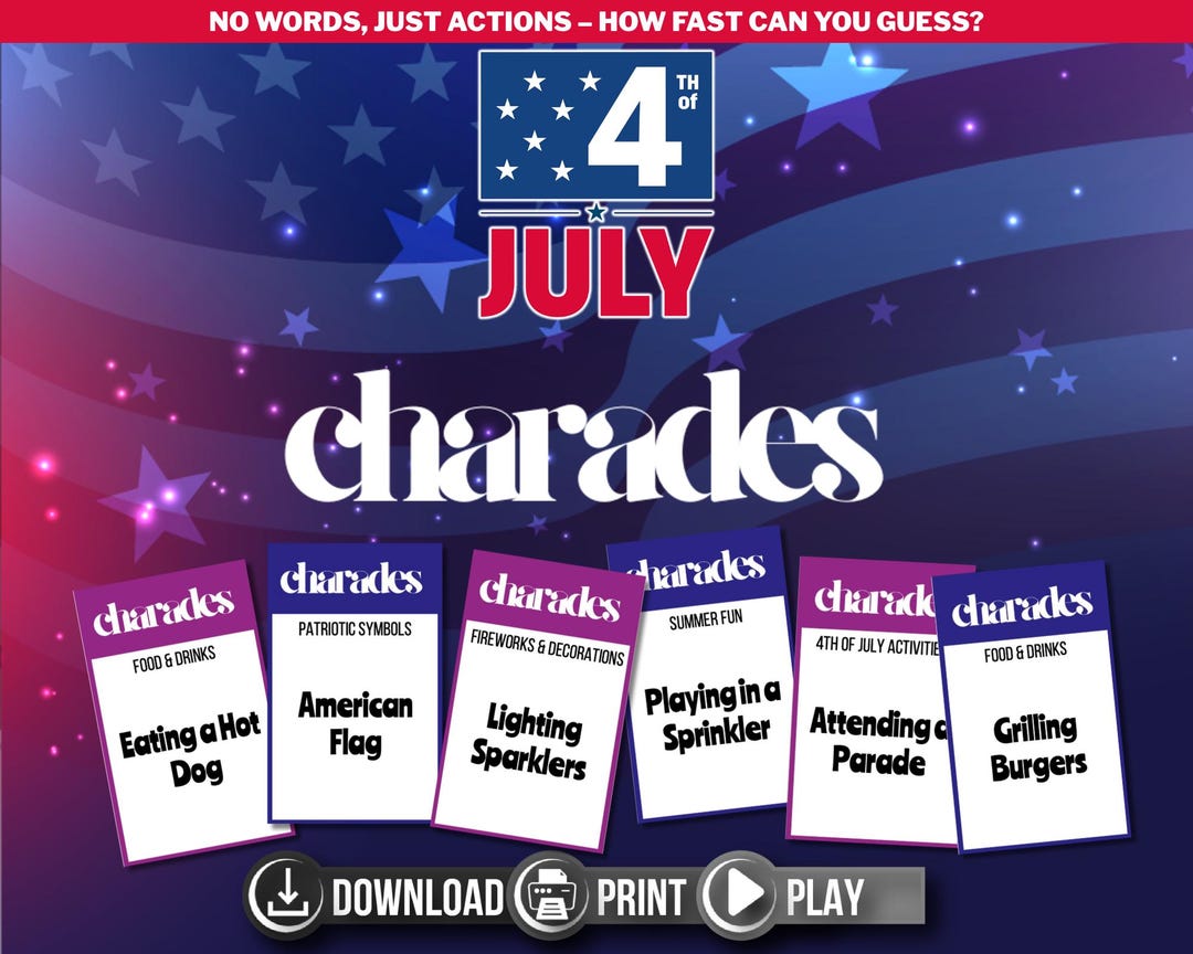 4th of July Charades Game Printable | Charades Party Game | 4th of July ...