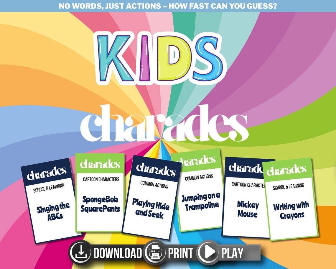 Kids Charades Game Printable | Charades Party Game | Kids Theme Cards ...