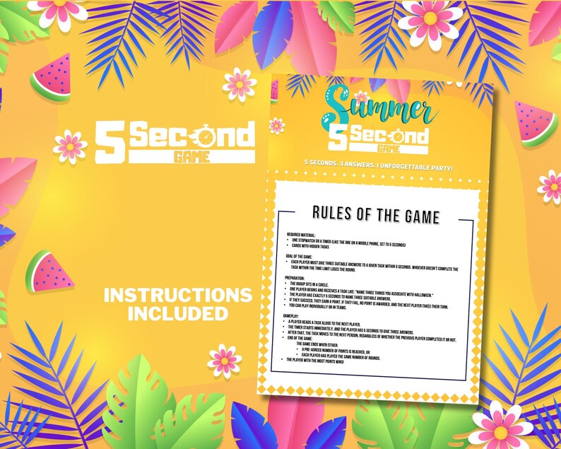 Summer 5 Second Rule Game | Printable Cards | Fun Party Game | Instant ...