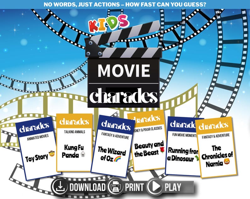 Kids Movies Charades Game Printable | Charades Party Game | Kids Movies ...