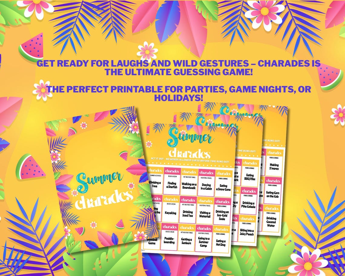 Summertime Charades Game Printable | Charades Party Game | Summer Theme ...